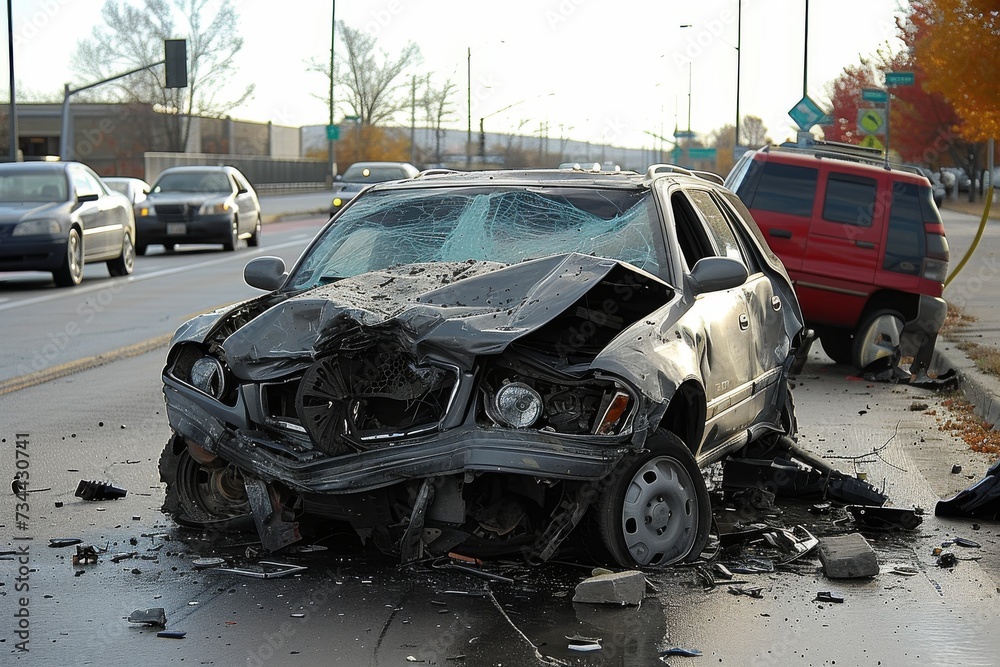 A once sleek car now lies broken and scrap on the street, its wheels ...