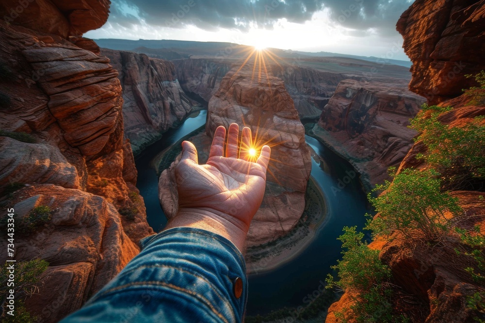 Amidst the rugged landscape of a canyon, a lone figure reaches out to ...