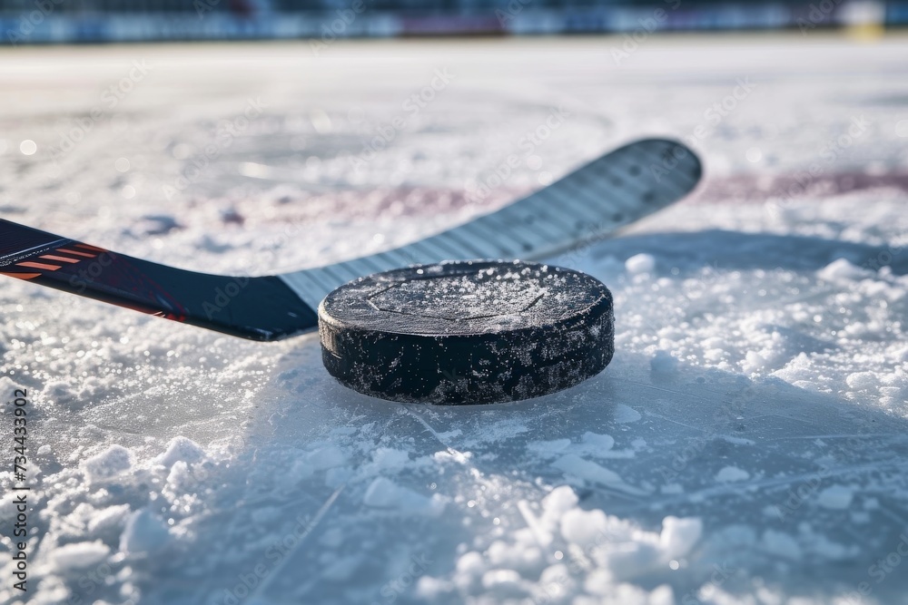 The frozen surface of the outdoor ice rink reflects the winter sky, as ...
