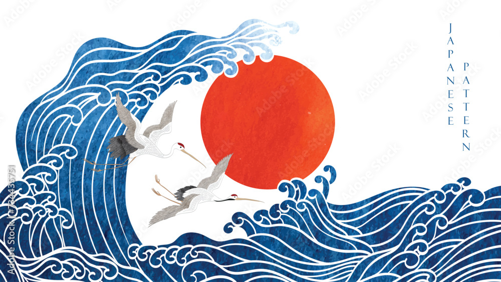 Japanese background with crane birds or herons element vector. Hand ...