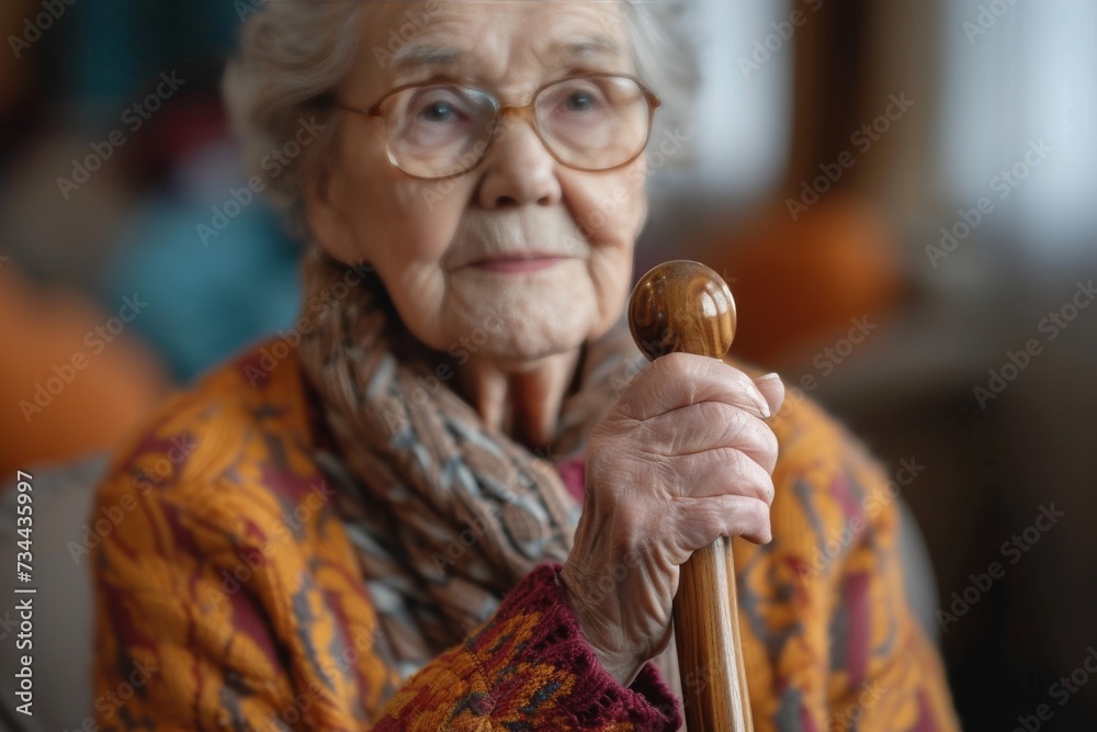 Foto de An aged woman with a face full of wrinkles, wearing glasses and ...