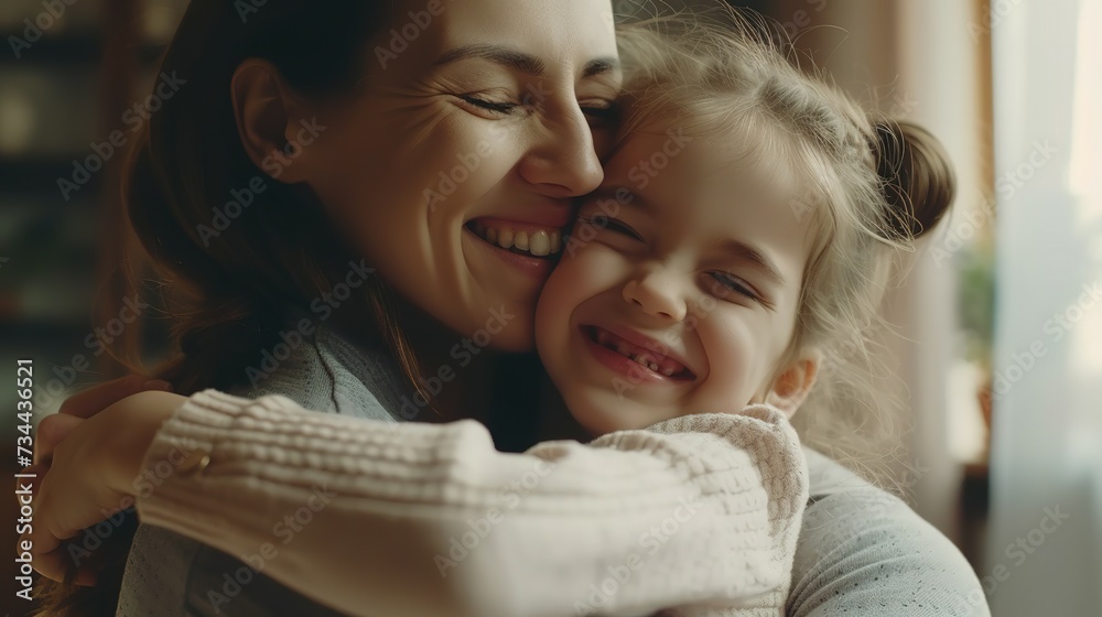Cute little preschooler daughter hug cuddle with smiling young mother ...