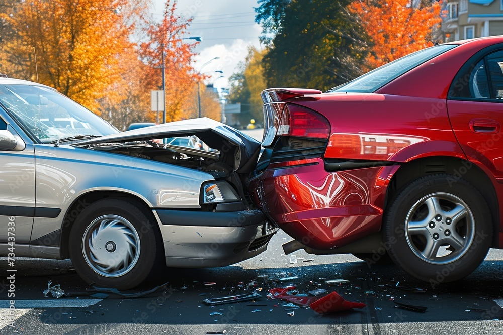 A silver car's back end collides with a tree, leaving behind a crumpled ...