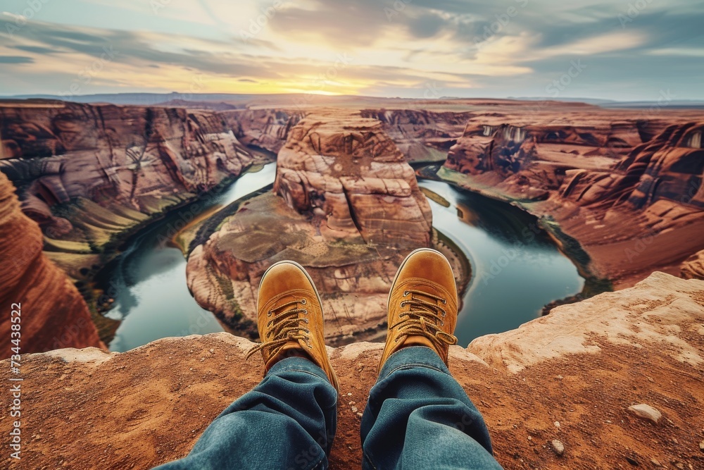 Standing on the edge, a figure in jeans and sturdy footwear gazes at ...