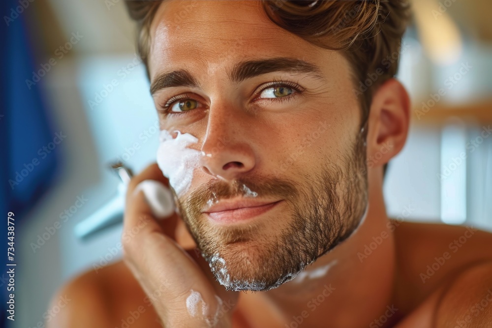 A rugged man gazes into the mirror, his strong jawline and chiseled ...