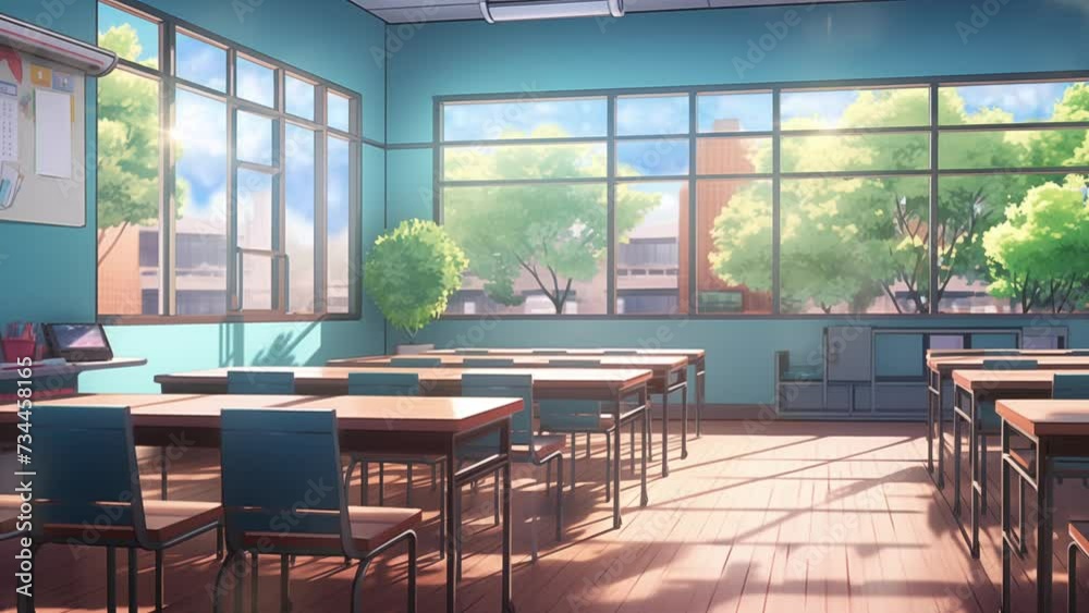 Animated illustration of a classroom with chairs and school desks in ...