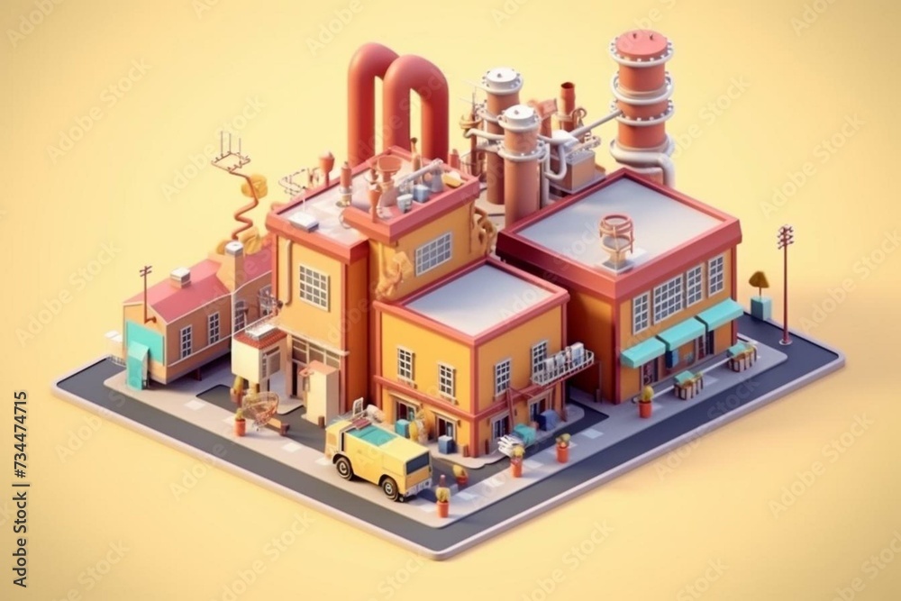 Isometric view of factory building with exposed mechanical and piping ...