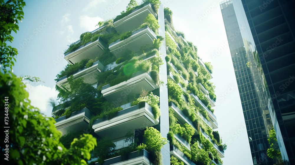 Sustainable green building in modern city. Green architecture. Eco ...