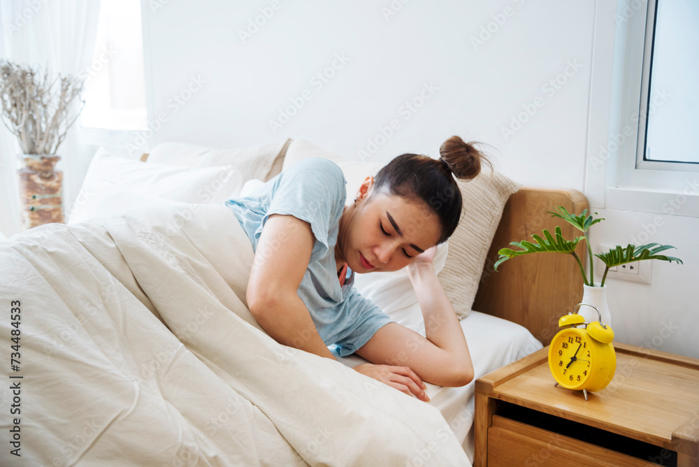 Asian women sleep wake up in white cozy bedroom happy time morning ...