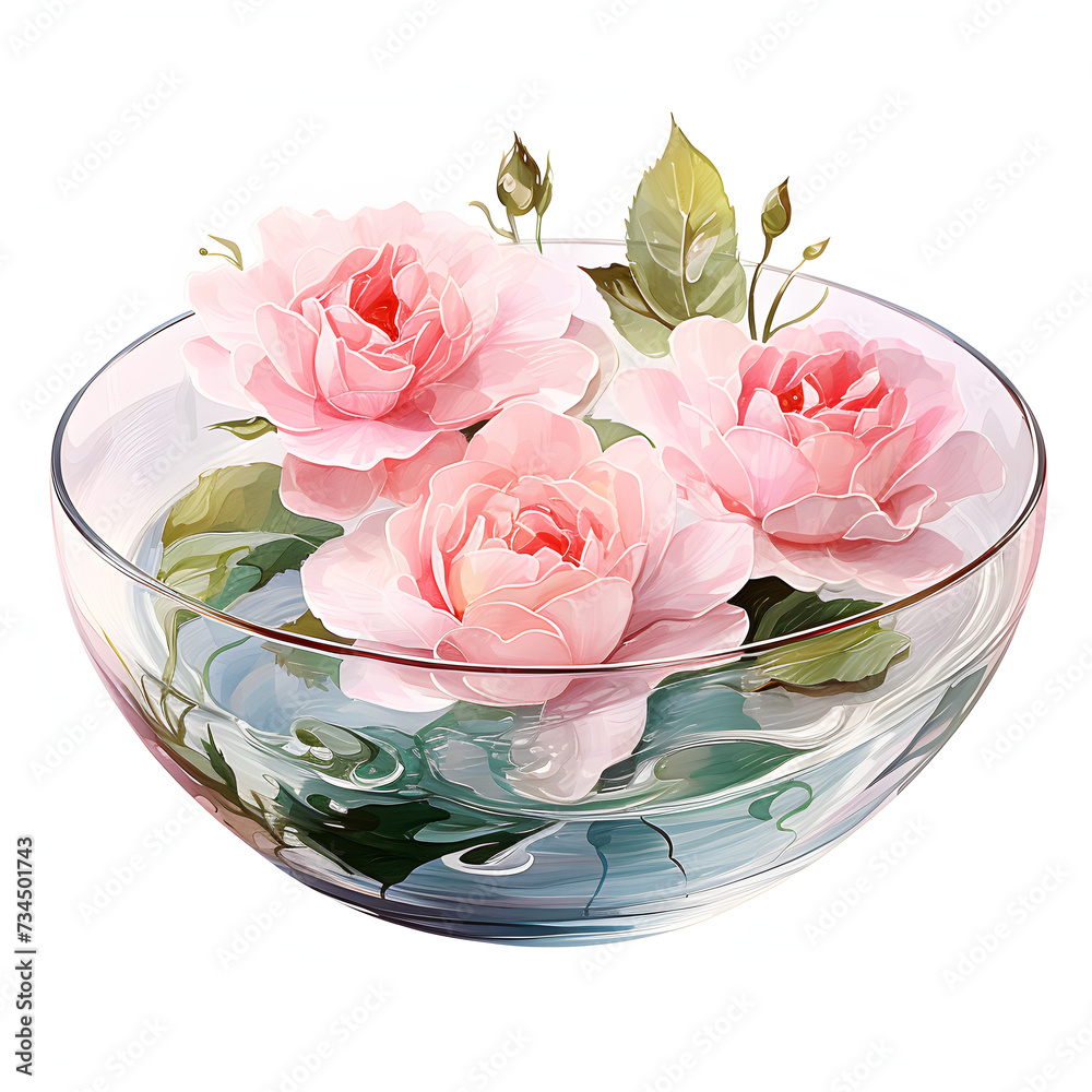 Pink rose blooms floating in water in a transparent crystal bowl ...