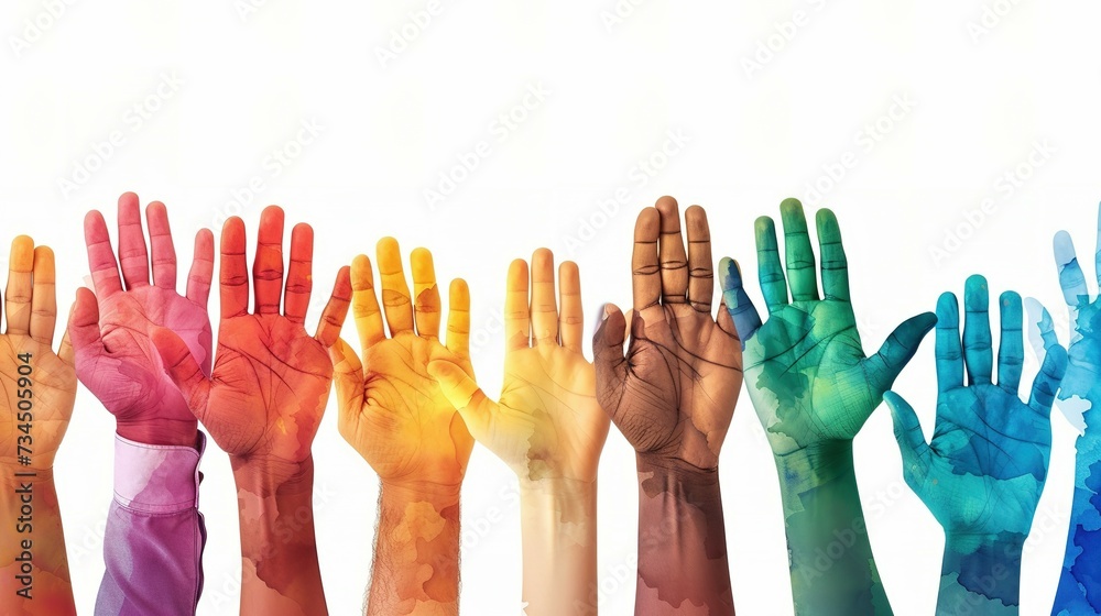 People of all colors holding hands, inclusive business mindset values ...
