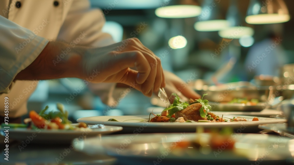 Male chef plating food in plate while working in commercial kitchen ...
