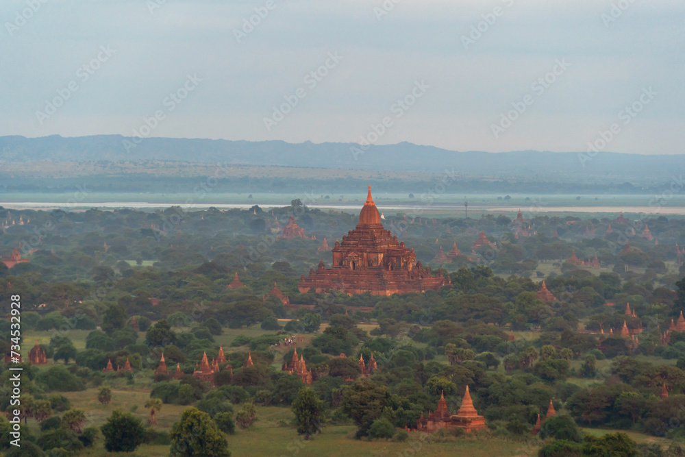 Aerial top view of burmese temples of Bagan City from a balloon, unesco ...