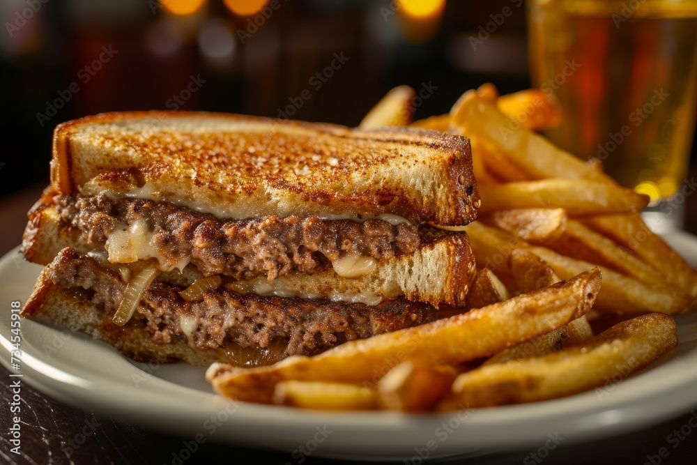 Classic American meat and cheese sandwich served with crispy fries ...