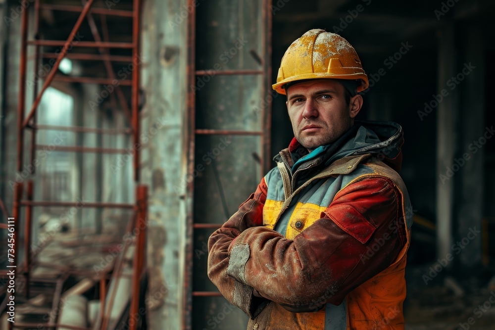 Building workers in uniform and protective gear are employed on ...