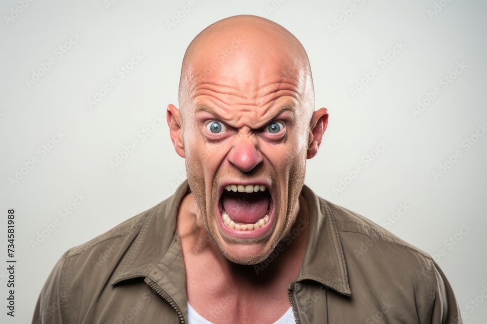 Screaming bald man with shirt and jeans jacket on grey background Stock ...
