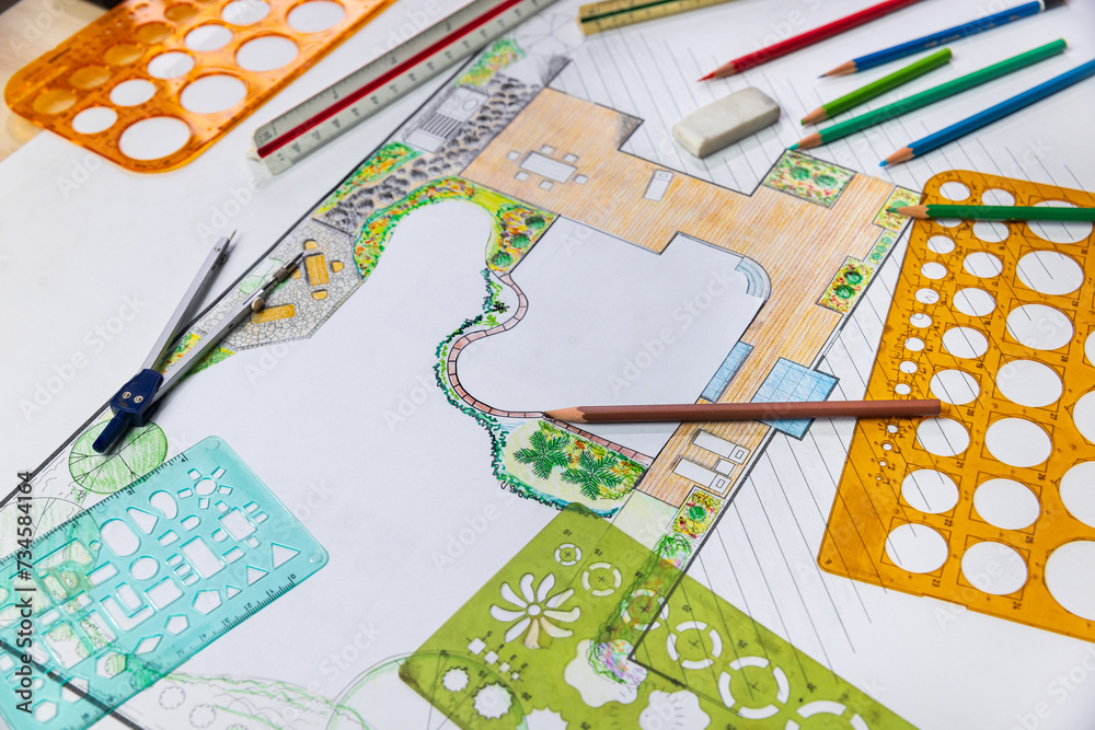 Landscape architect student learning garden plan design by hand drawing ...