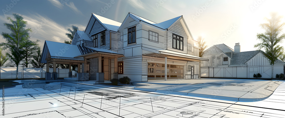 An illustration depicting the construction of a house, featuring a 3D ...