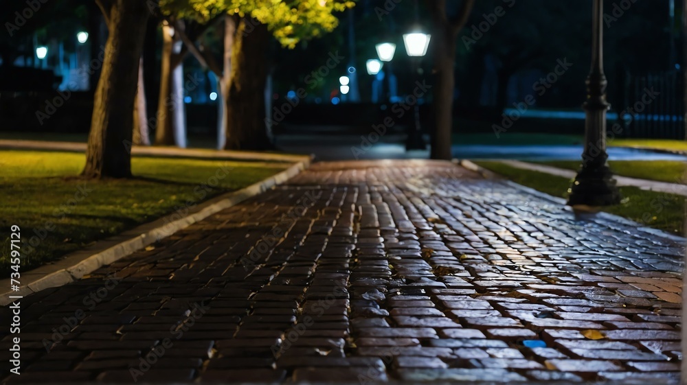 Well lit street or bricks walkway through a park at night with from ...