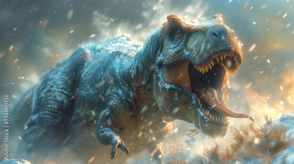 Fotka „Tyrannosaur under the snowfall open mouth and roar. Wondering ...