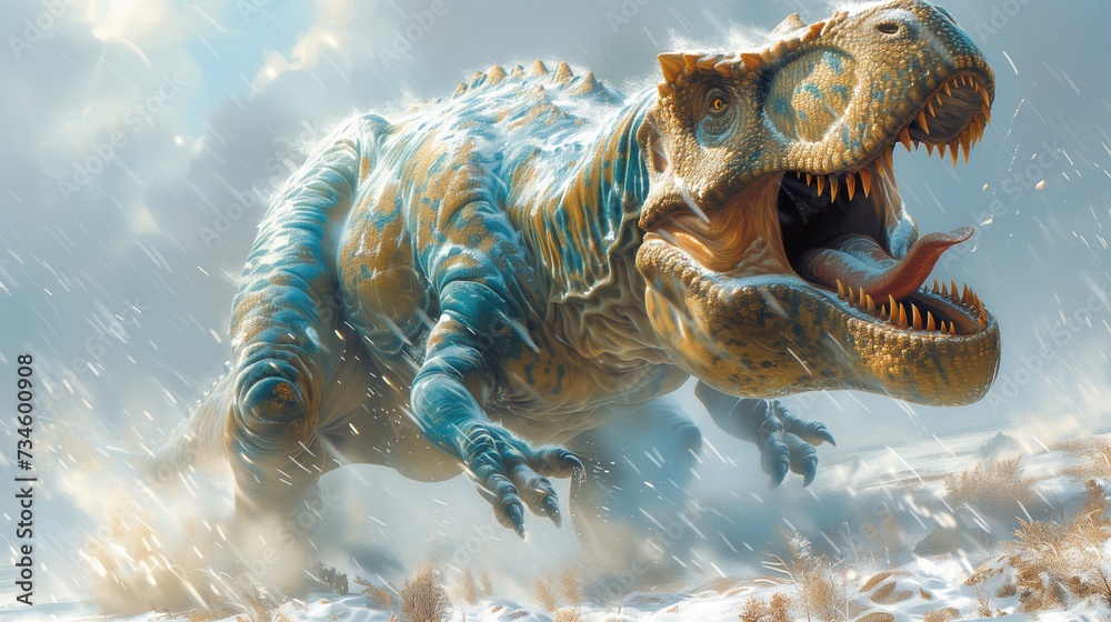 Tyrannosaur under the snowfall open mouth and roar. Wondering and fear ...