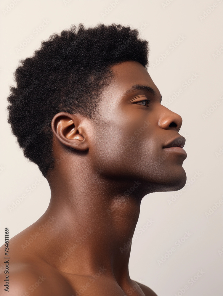 Portrait black man with flawless and glowing melanin skin isolated on white background, side ...