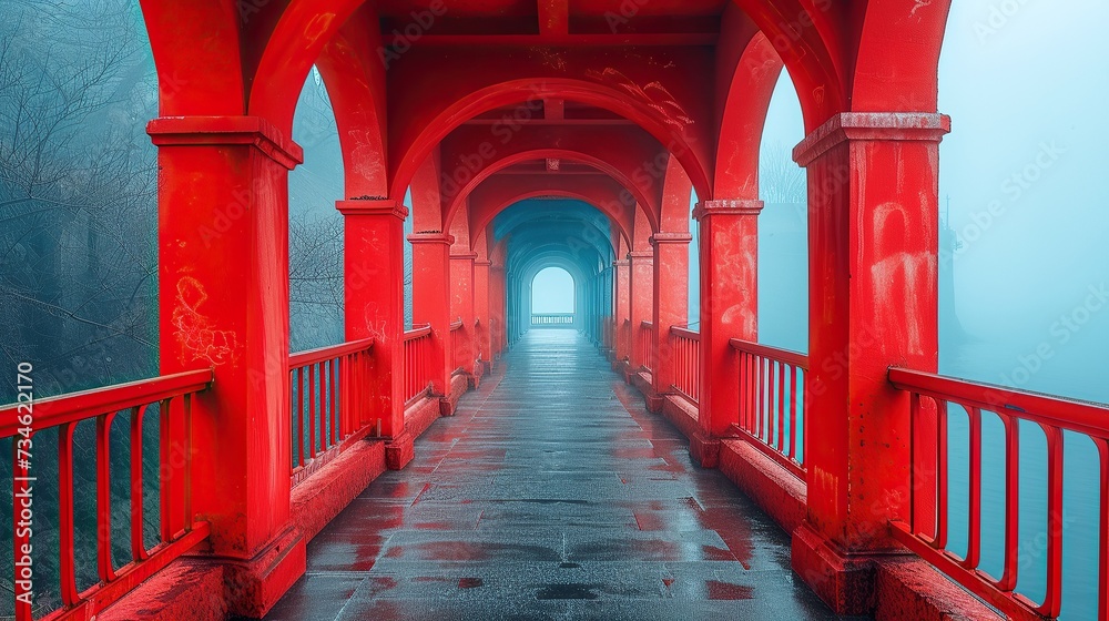 Symmetrical red beams of a modern bridge lead to the city skyline Stock ...