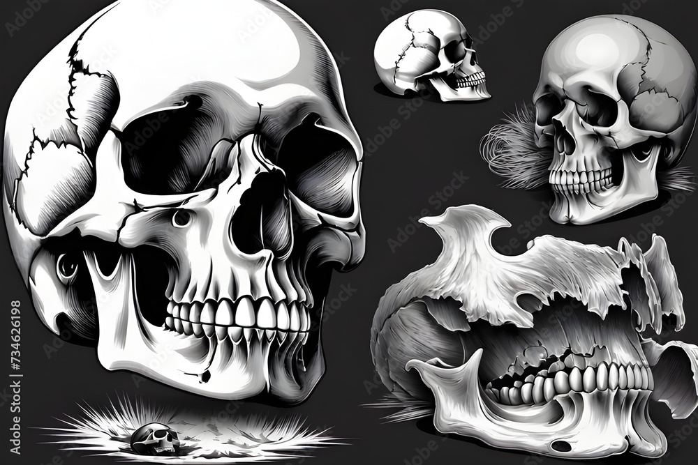 A collection of detailed human skull drawings, showcasing various ...