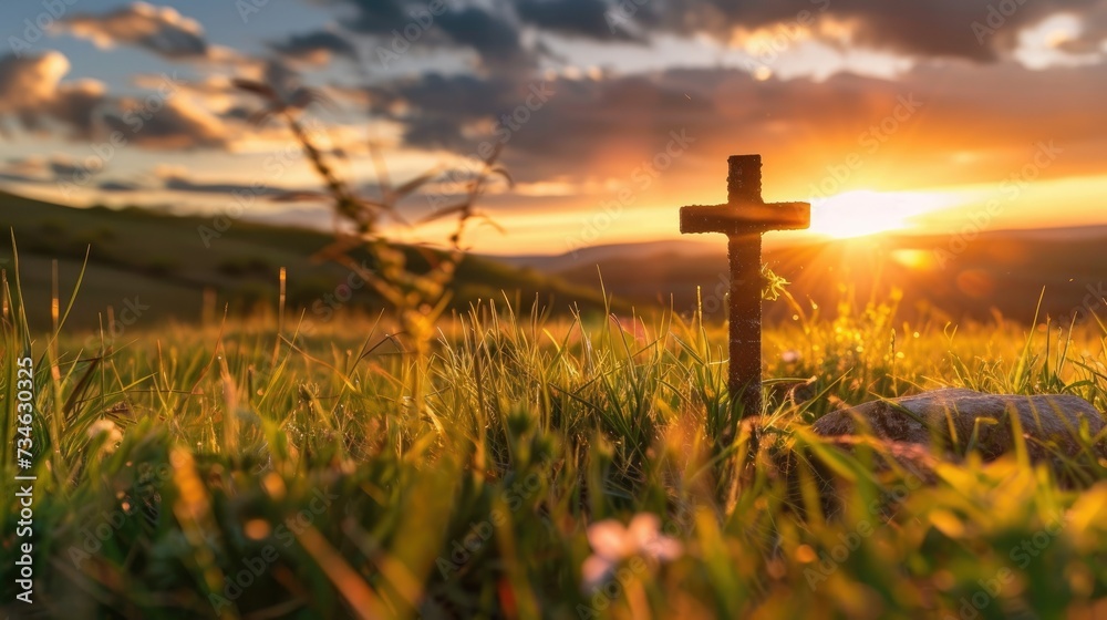 Cross in Field at Sunset, Symbol of Peace and Serenity in Natur Stock ...