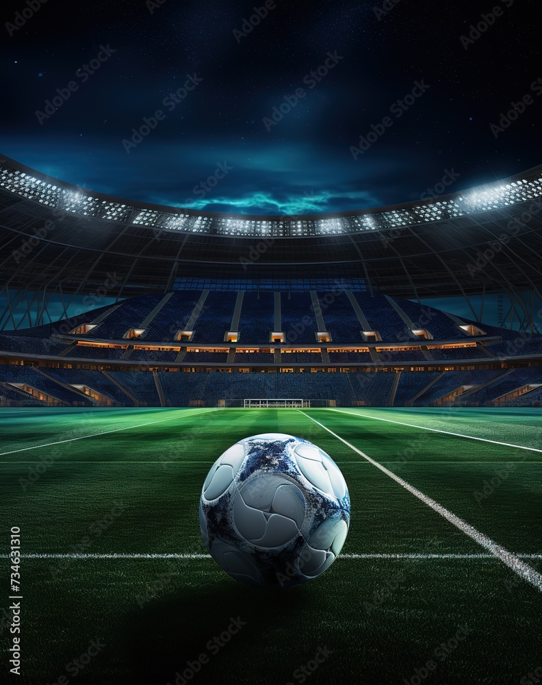 soccer ball on the stadium grass with a magnificent stadium background ...