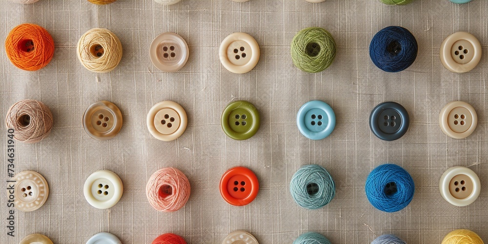 Vintage set of threads, colorful buttons on beige linen fabric ...