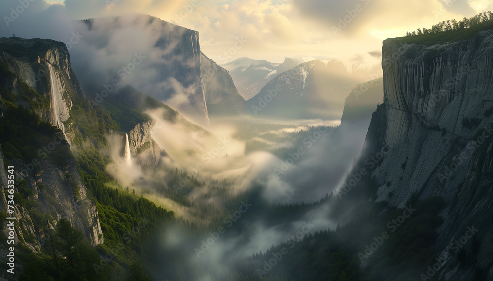 Morning light pierces through the mist in a majestic valley ...
