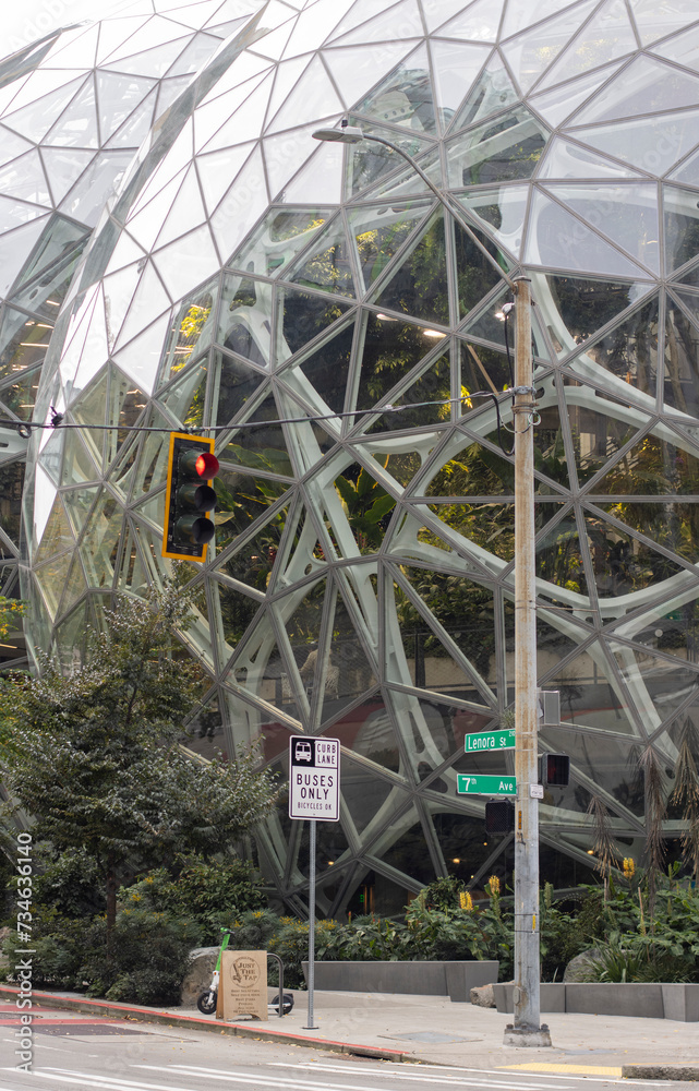 Seattle, WA, USA - Oct 24, 2023: Exterior view of the Spheres, three ...