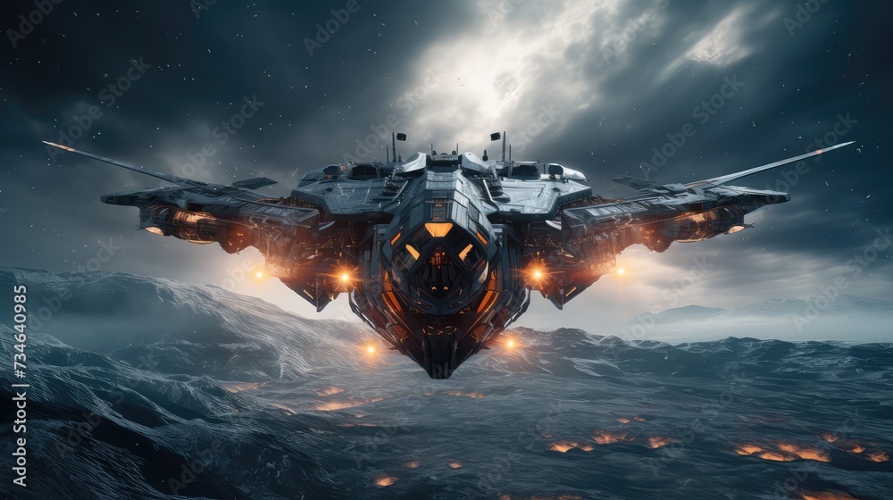 Spaceship Floating in Space with Stars on the Horizon, Styled in Photo ...