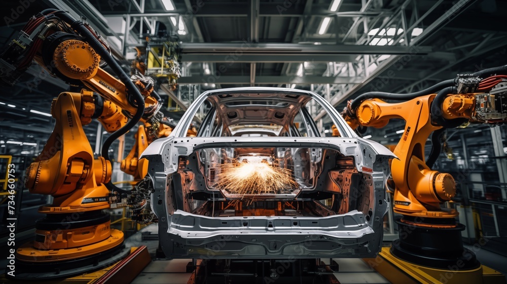 Automated robotic arms engaged in car assembly with sparks flying in a ...