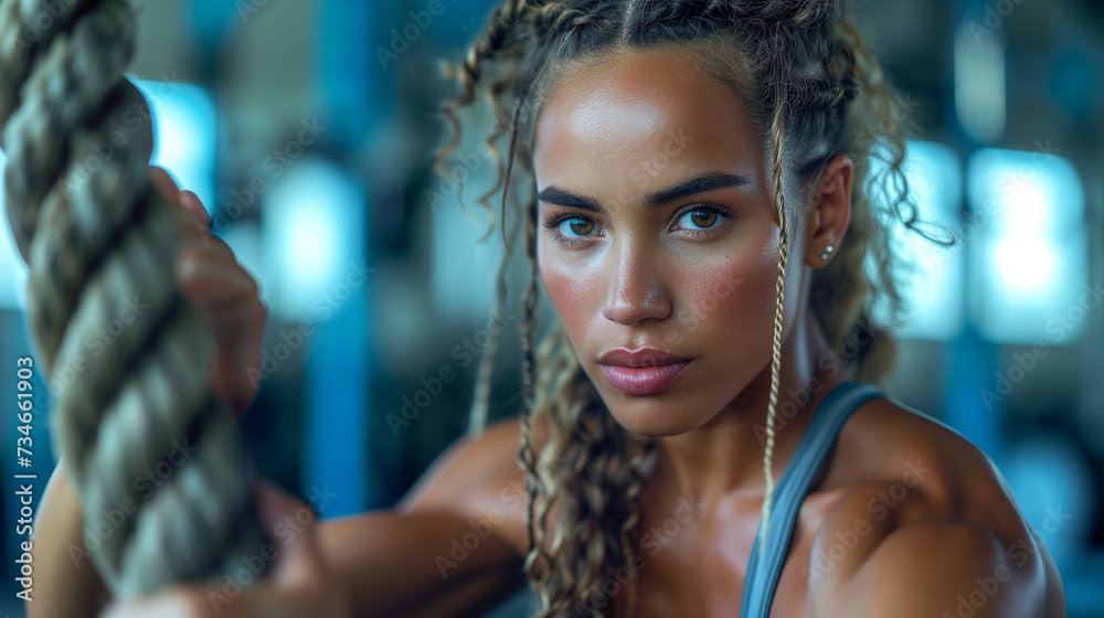 Cute young woman in workout studio, doing crossfit high intensity ...