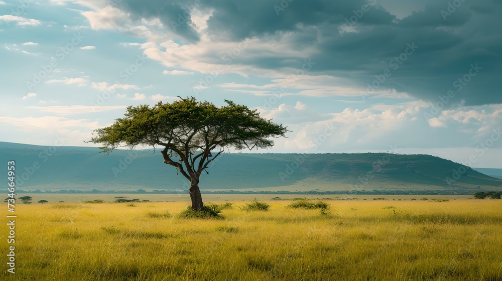 Serene african savanna landscape with a single tree, wide open plains ...