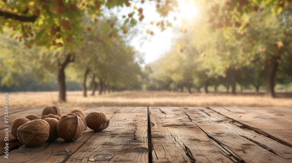 Nut Grove Tranquility: A Wooden Table, Empty with Abundant Copy Space ...