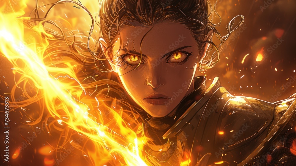 A fierce and beautiful paladin girl in plate armor with a shield rushes ...