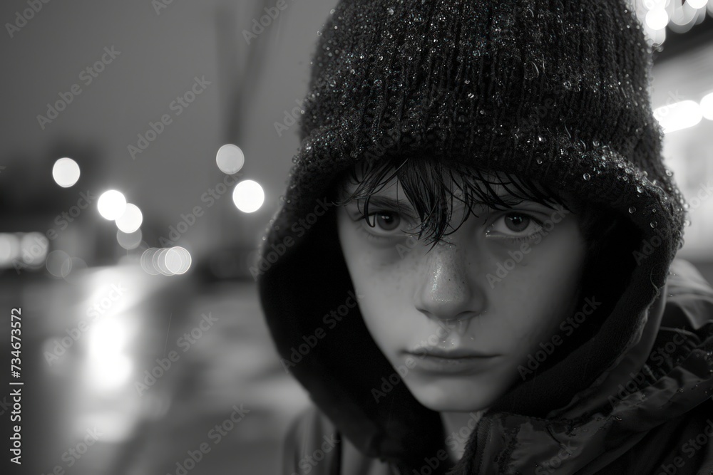 a miserable Boy in front of Liquor Store, his downturned eyes reflect a ...