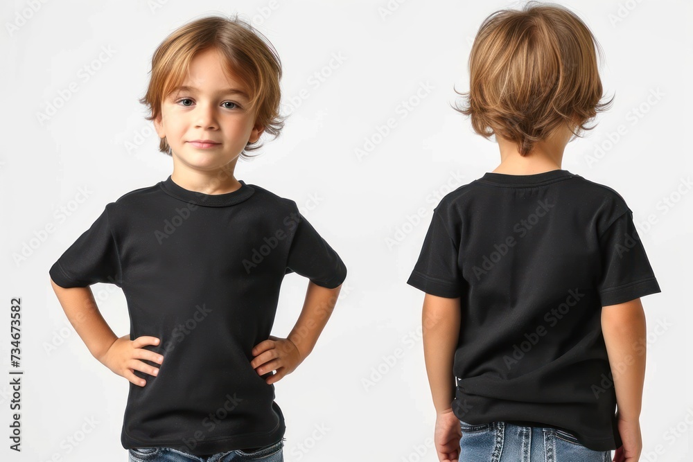 Front and back views of little boy in black t-shirt on white background ...