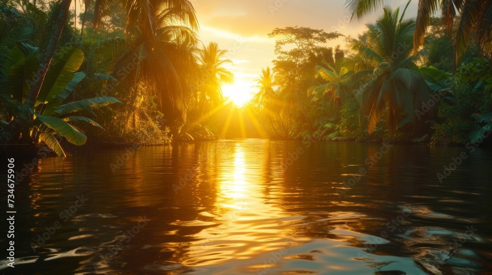 Sunrise casts a golden glow over the Amazon river as it winds through ...