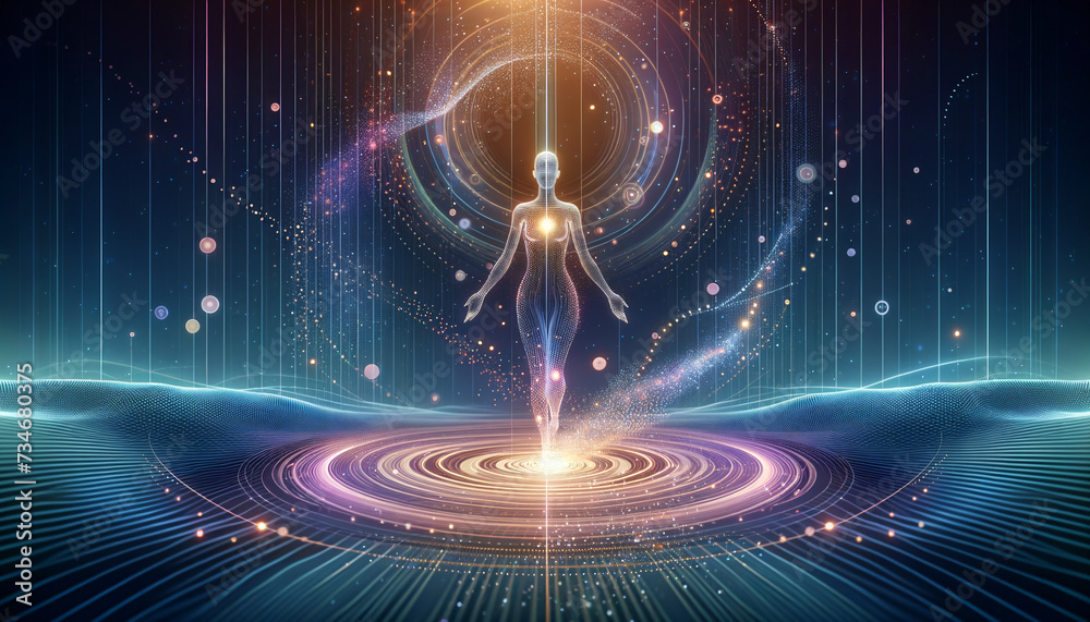 Ethereal post human dissolving into digital particles. Stock Photo ...