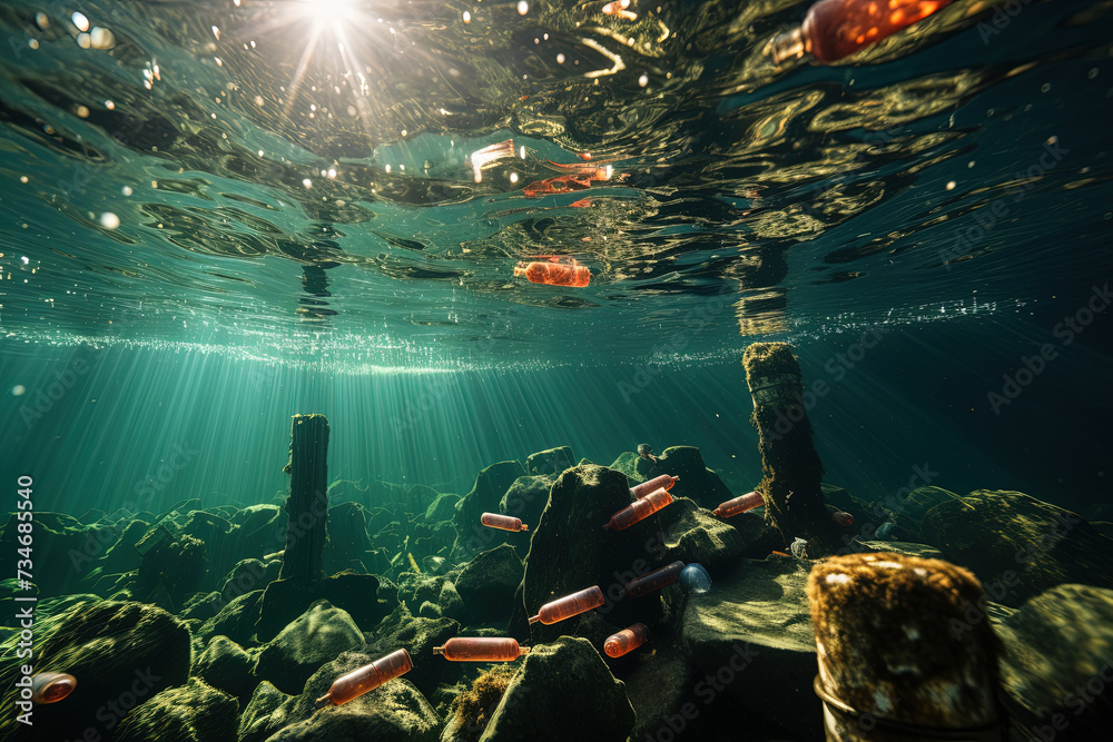 Underwater Sunbeams at a Polluted Lake Bed. Sunlight filters through ...