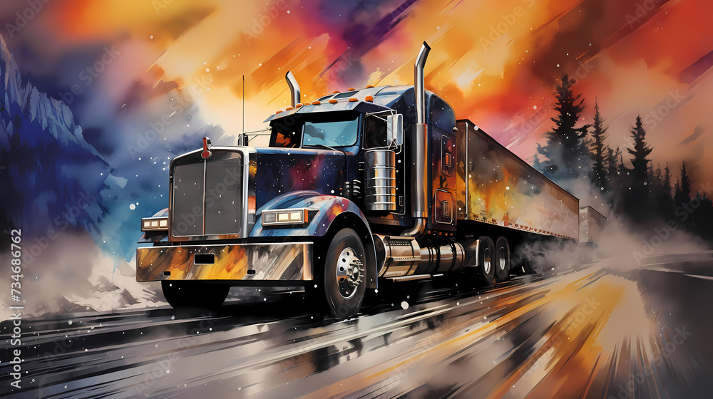 Illustration d'un gros truck américain dans un beau paysage Stock ...