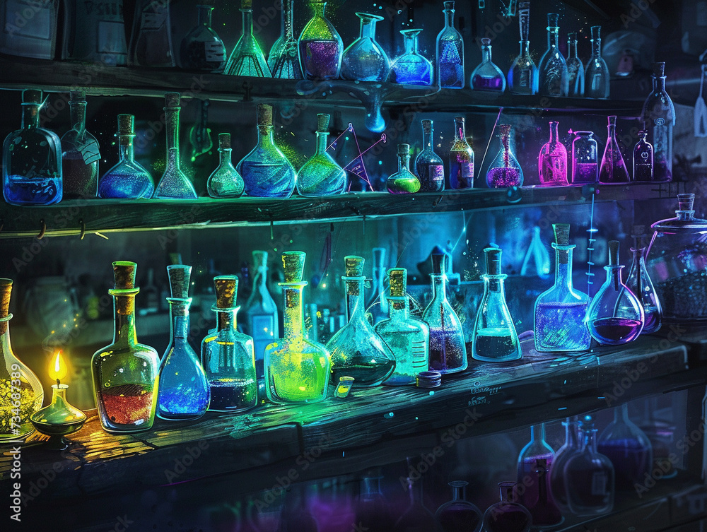 A backdrop background of a dark lab filled with countless potions ...