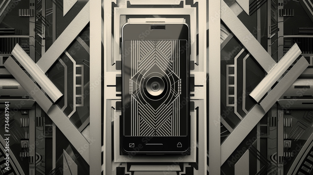 A unique depiction of a vintage smartphone combining Art Deco style ...