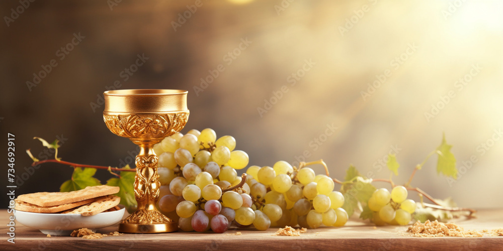 Sour bread, wine, grapes and wheat symbol of christian communion ...