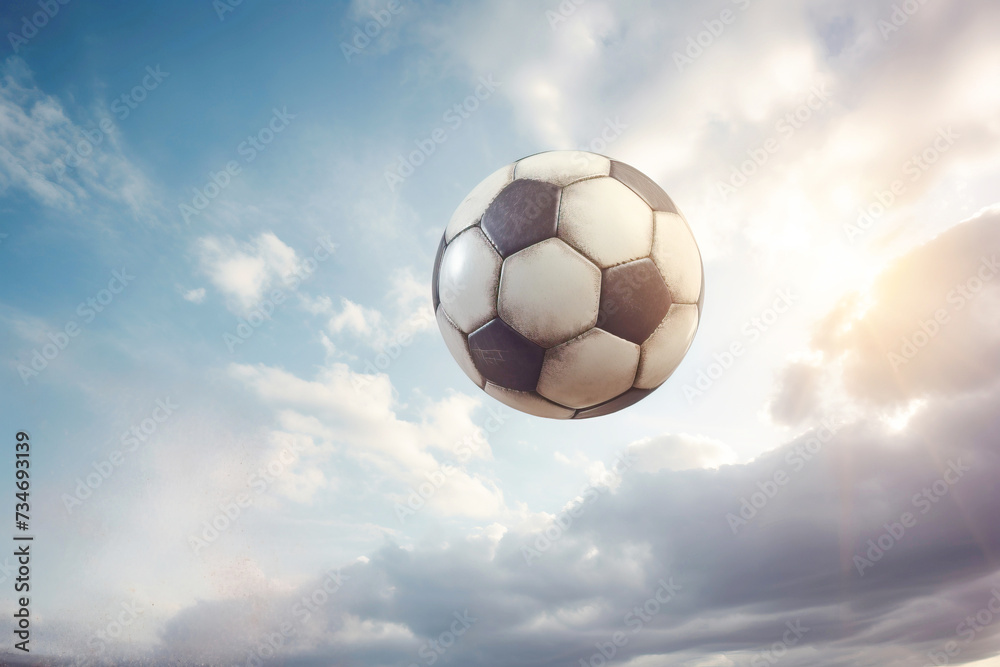 Soccer ball flies in the air from a kick, traces of trajectory, Dark ...