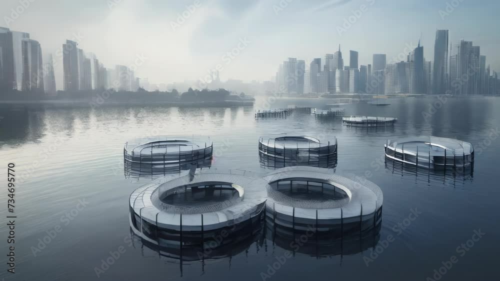 Vidéo Stock Circular floating islands on the sea with an urban skyline ...